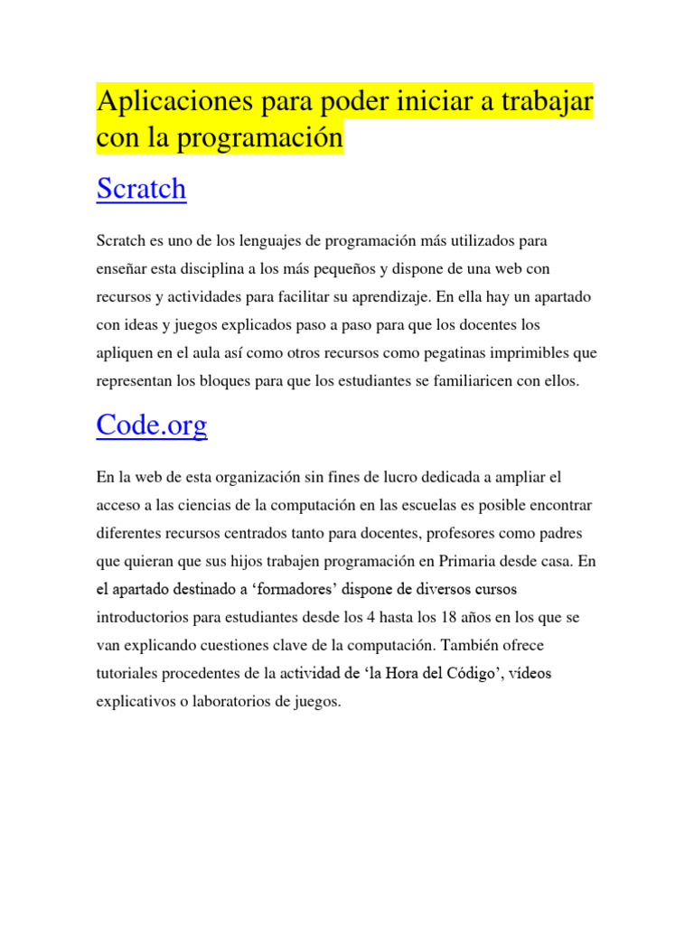 Aplicaciones para Poder Iniciar A Trabajar Con La Programación | Descargar gratis PDF | Scratch ...