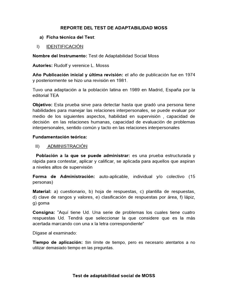 Reporte del Test de Adaptabilidad MOSS | PDF | Cognición | Sicología
