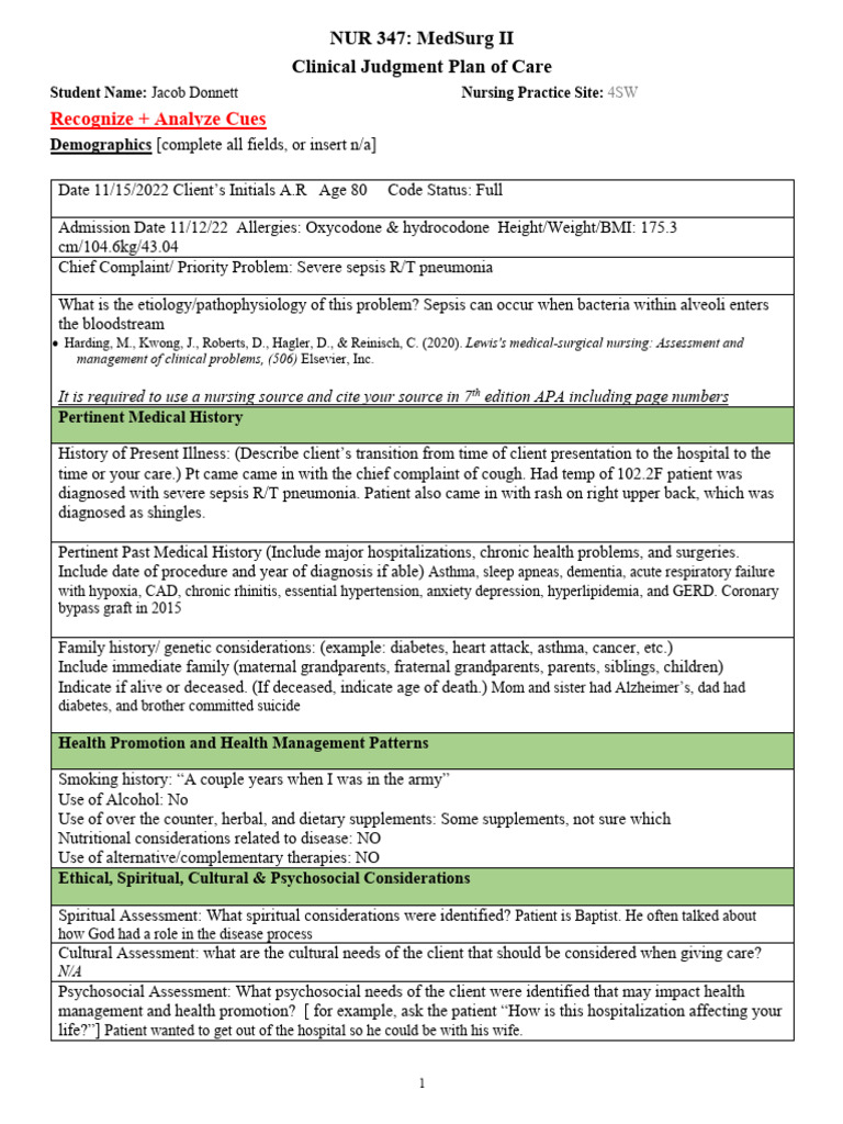 Clinical Judgment Plan for Sepsis Care | PDF | Hypertension | Asthma
