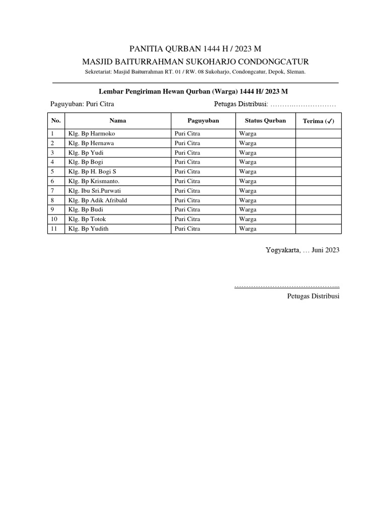 Lembar Pengiriman Daging Hewan Qurban Baiturrahman 1444 H | PDF | Griya ...