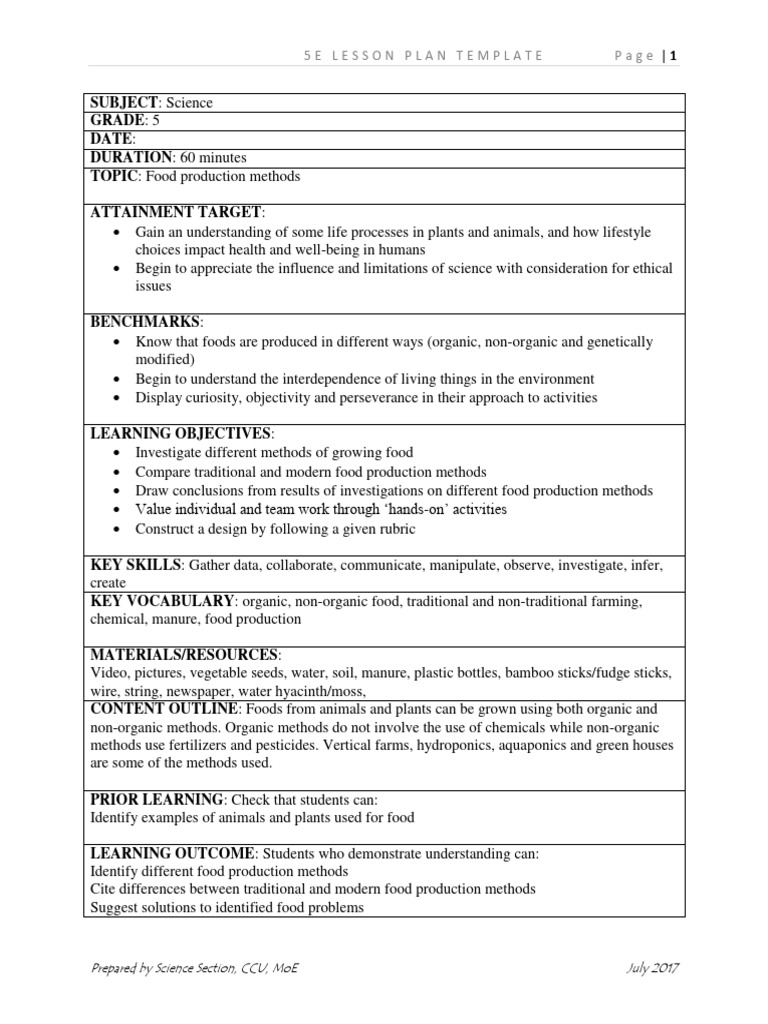 Grade 5 Food Production Lesson Plan | PDF | Lesson Plan | Learning