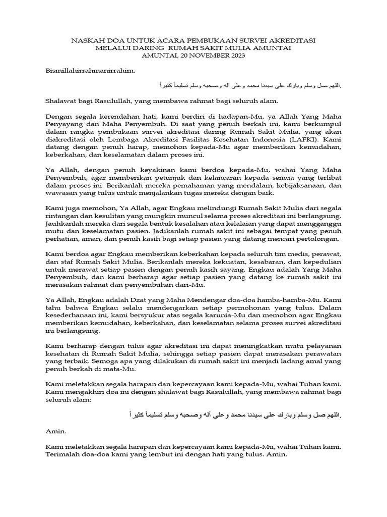 Naskah Doa Untuk Acara Pembukaan Survei Akreditasi | PDF