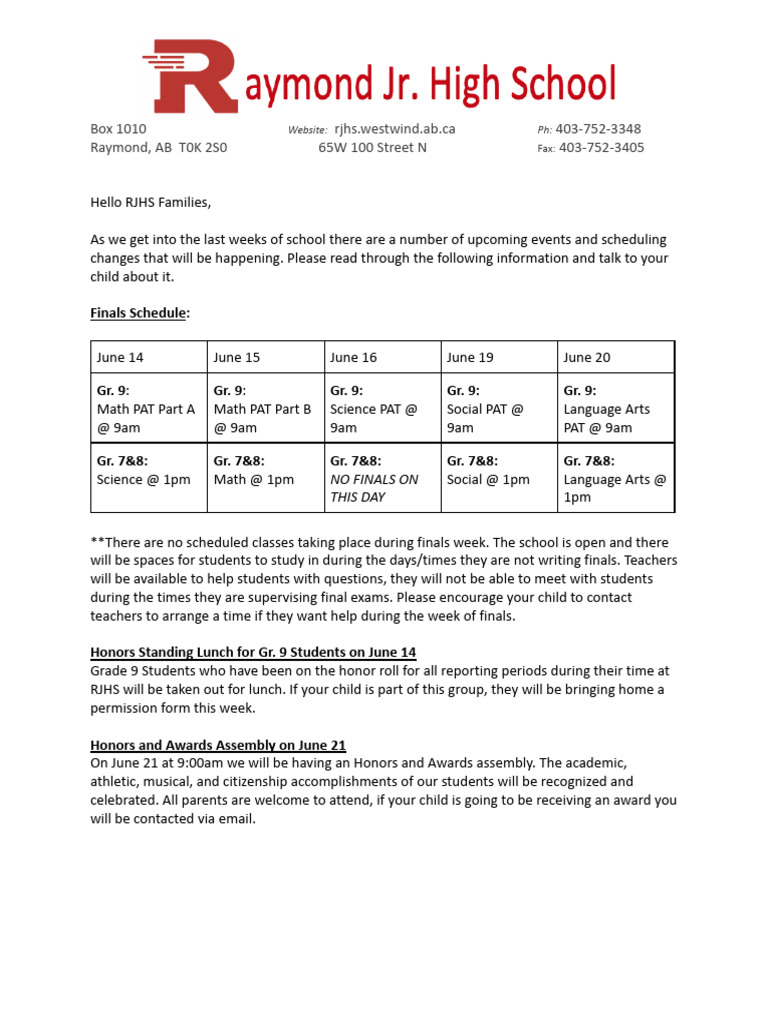 RJHS - Finals Schedule | PDF