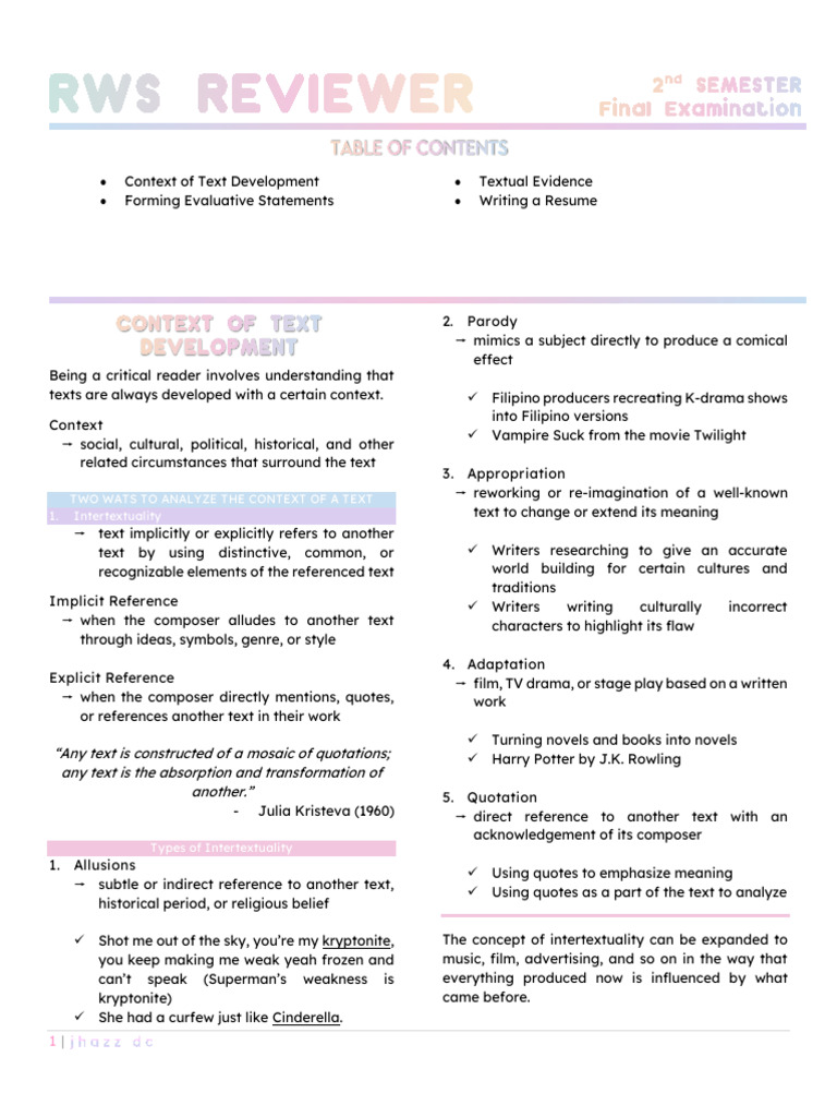 RWS 2nd Sem Finals Reviewer | PDF | Résumé | Intertextuality