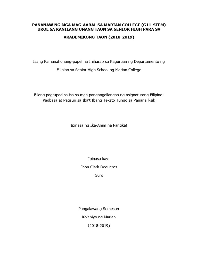 Pananaw NG Mga g11 Stem Sa Marian Colleg | PDF