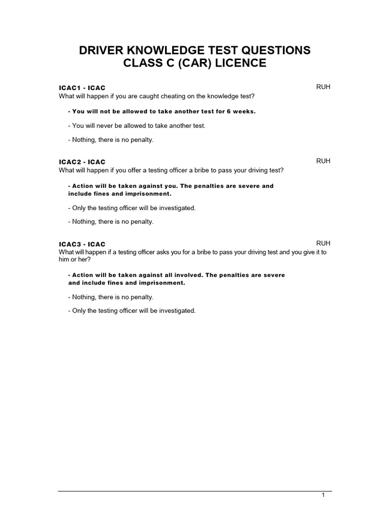 Driver Knowledge Test Questions Class C (Car) Licence | PDF ...