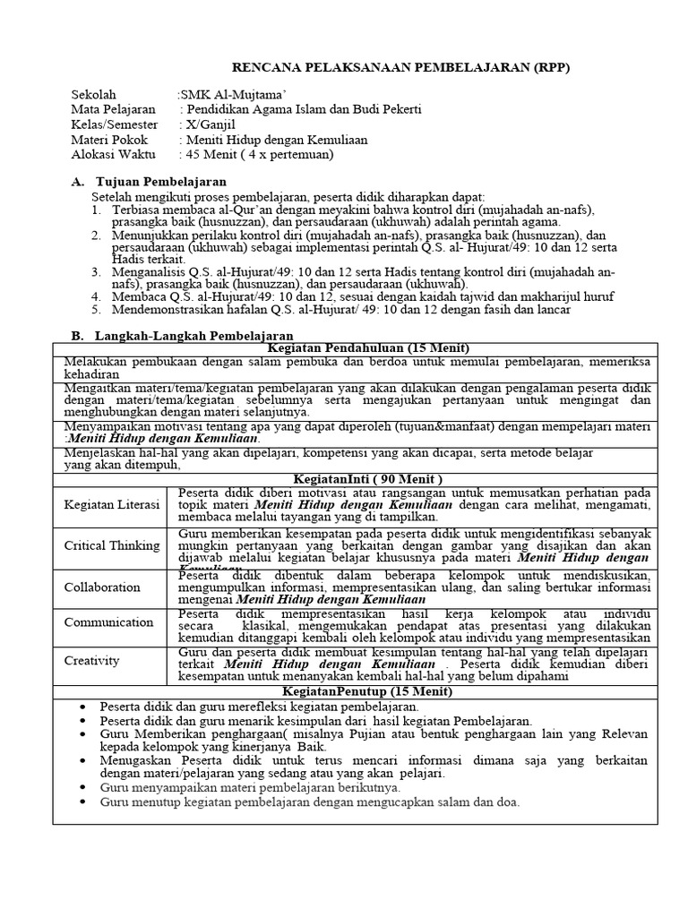 RPP PAI Kelas X: Hidup Mulia | PDF