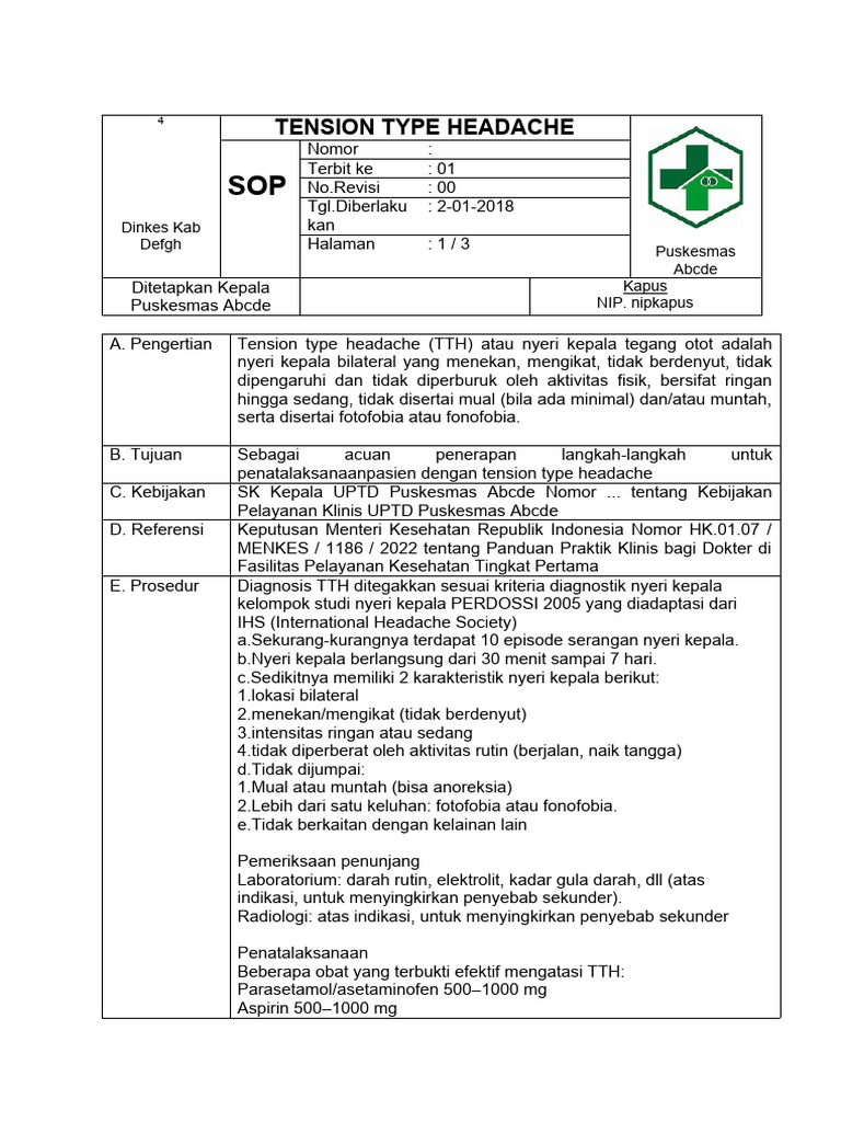 SOP Tension Type Headache (TTH | PDF | Kesehatan Holistik | Sains & Matematika