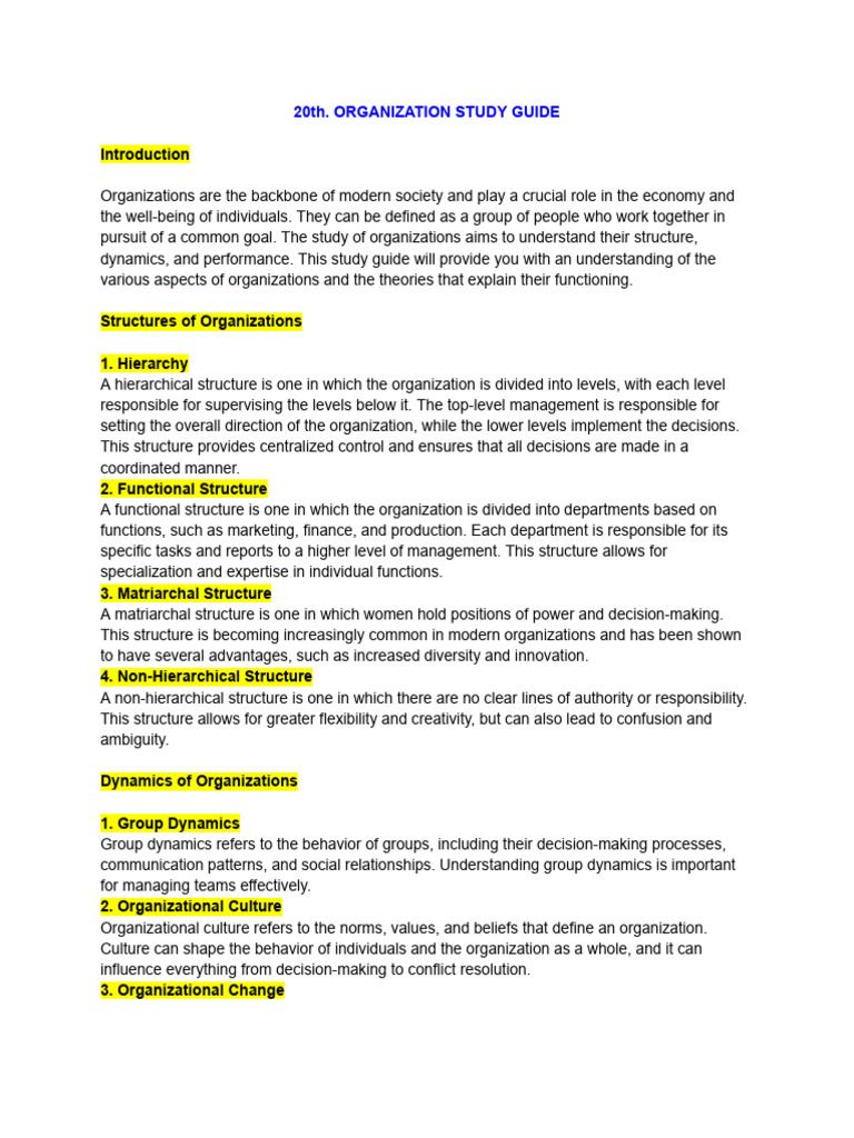 20th. Organization Study Guide | PDF | Organizational Behavior | Leadership