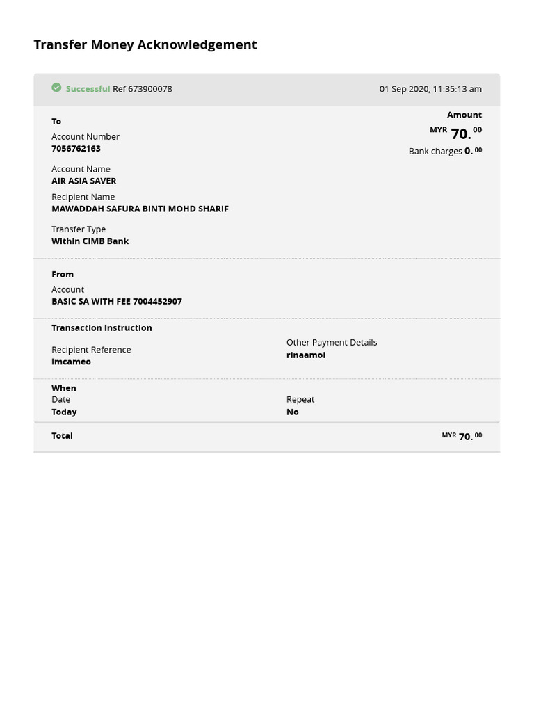CIMB Transfer Acknowledgement Receipt | PDF