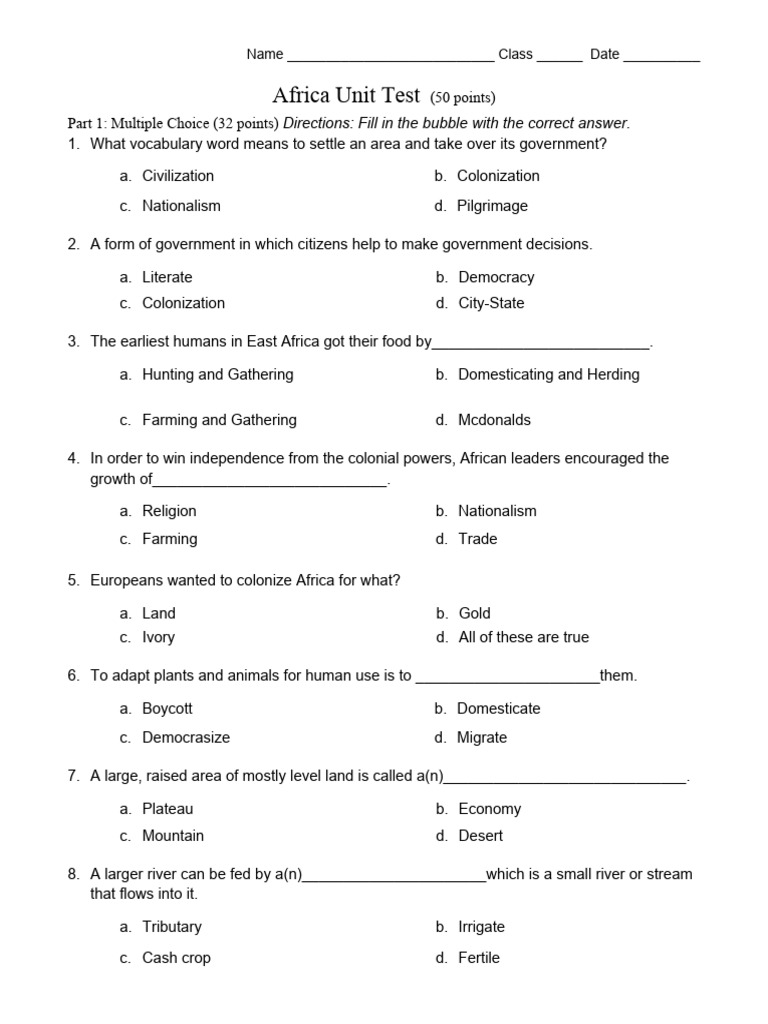 Africa Unit Test | PDF | Africa | Agriculture