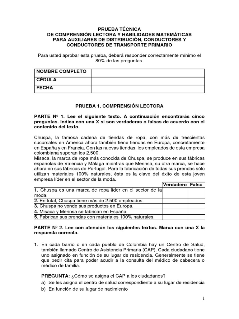 Prueba Comprensión Lectora y Matematicas | PDF