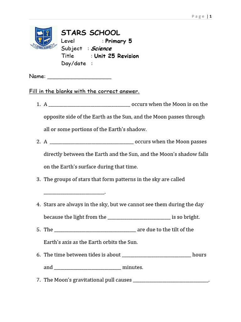 Primary 5 Science Unit 25 Revision | PDF | Solar Eclipse | Moon