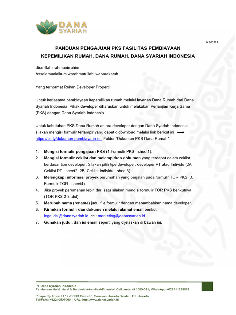 U300523-Baca Ini-Panduan Developer Pengajuan Pks Fasilitas Pembiayaan Dana Rumah, Dsi | PDF