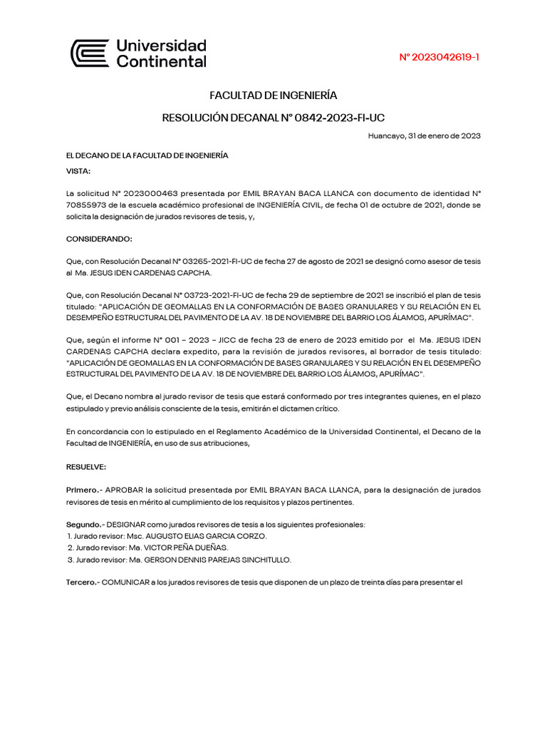 Resolución Decanal #0842-2023-Fi-Uc | PDF