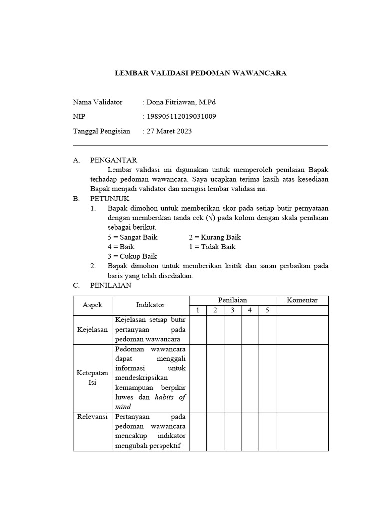 Lembar Validasi Pedoman Wawancara | PDF | Karier & Perkembangan
