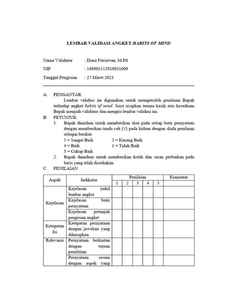 Lembar Validasi Angket | PDF