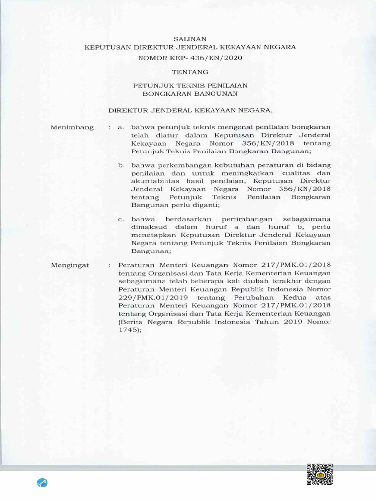 2020 - Kepdirjen No. 436 Tentang Petunjuk Teknis Penilaian Bongkaran Bangunan | PDF | Griya ...