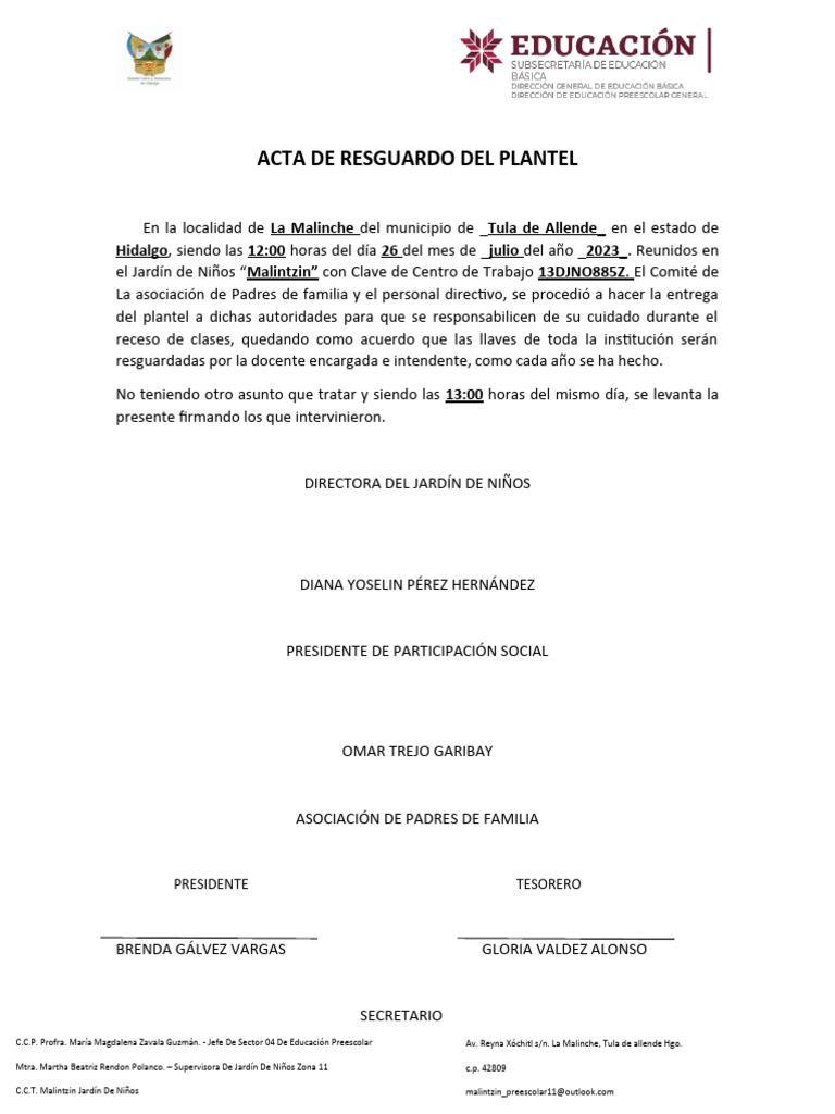 Acta de Resguardo | PDF | Educación de la primera infancia | Etapas educativas