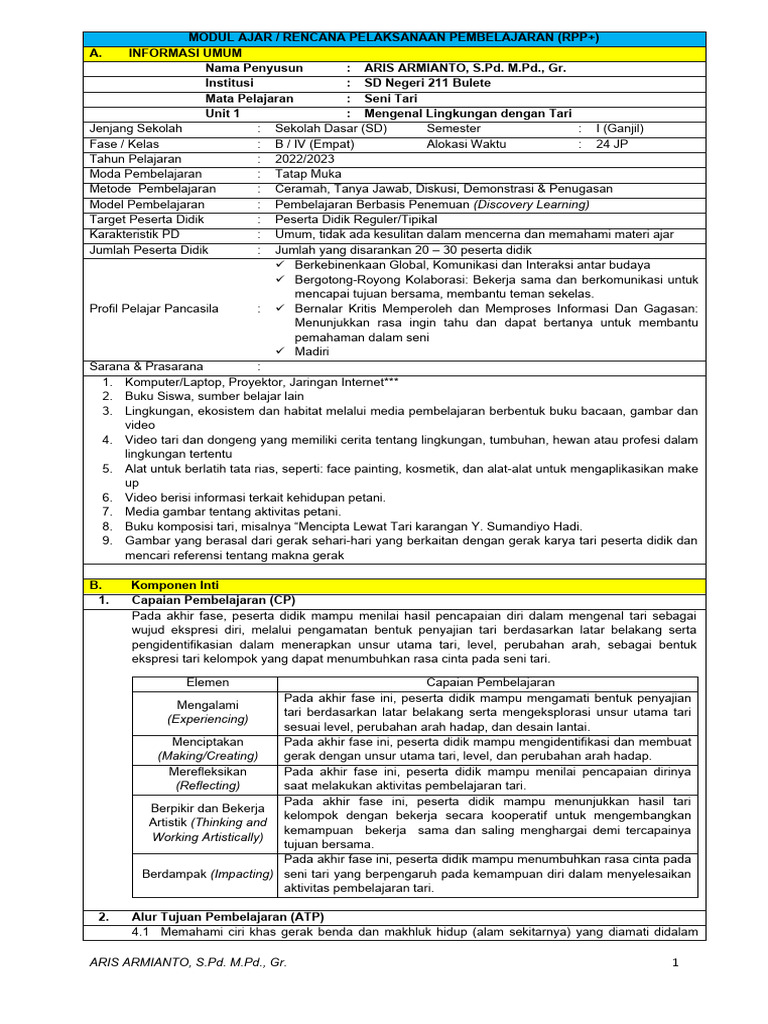 RPP Seni Tari KLS Iv SMS 1 | PDF | Kajian Bahasa Asing