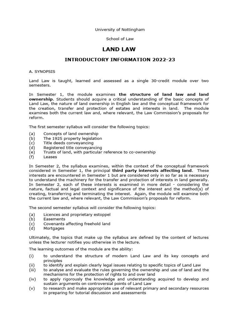 Land Law Module Guide 2022-23 | PDF | Lecture | Textbook