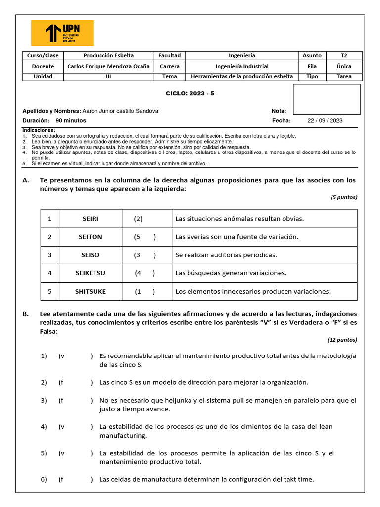 Evaluacion T2 - Aaron Castillo | PDF | Lean Manufacturing | Producción y fabricación
