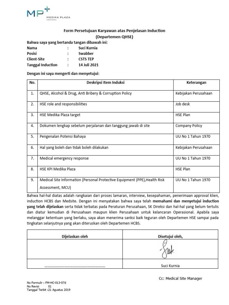 Form Hse Induction Suci Kurnia Pdf
