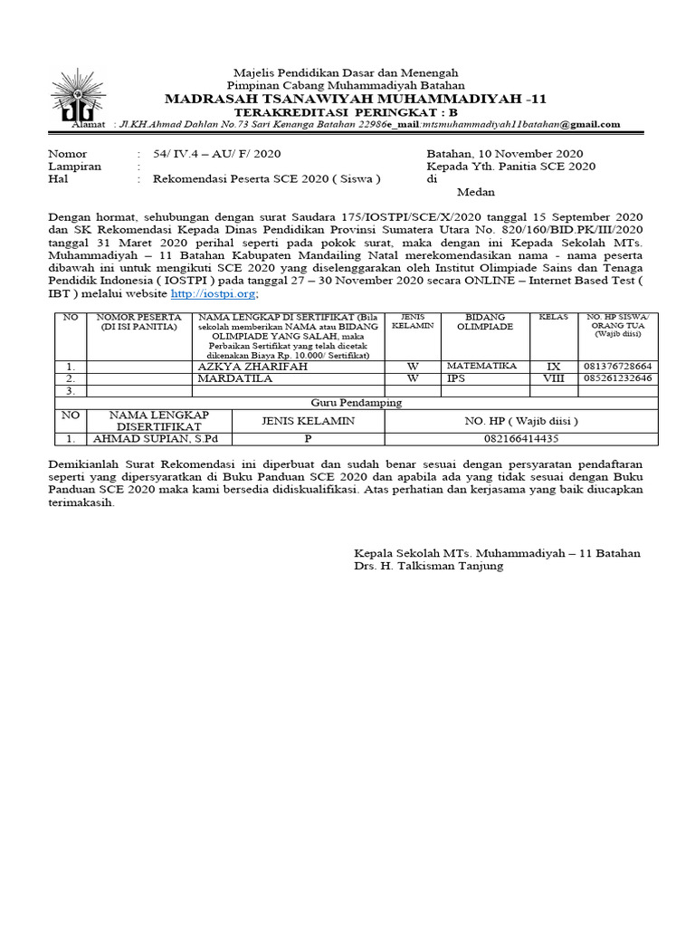 Rekomendasi SCE 2020 MTs | PDF