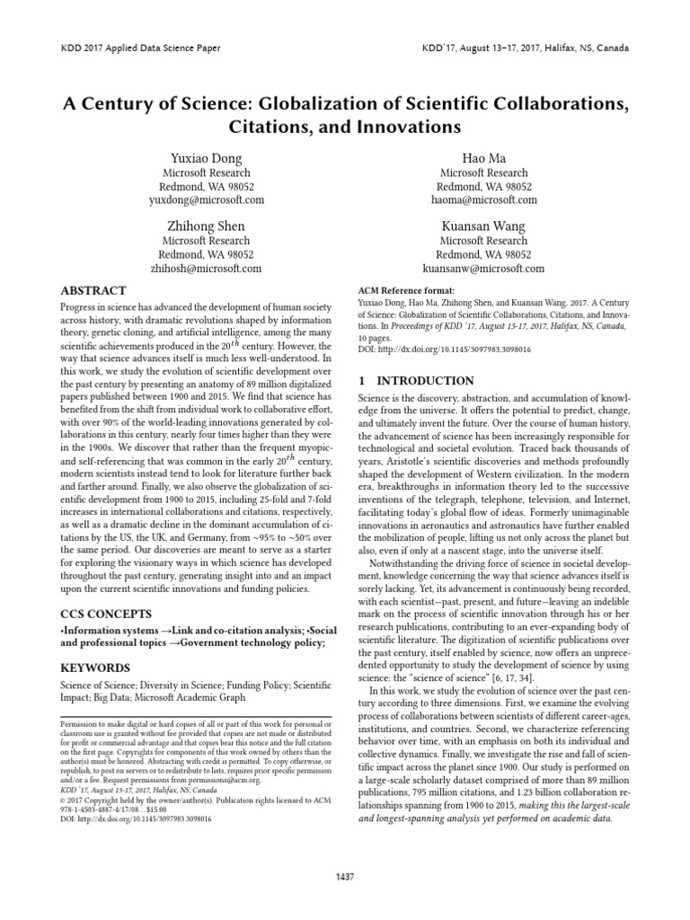 Dong Et Al 2017 - A Century of Science, Globalization of Scientific Collaboration | PDF ...