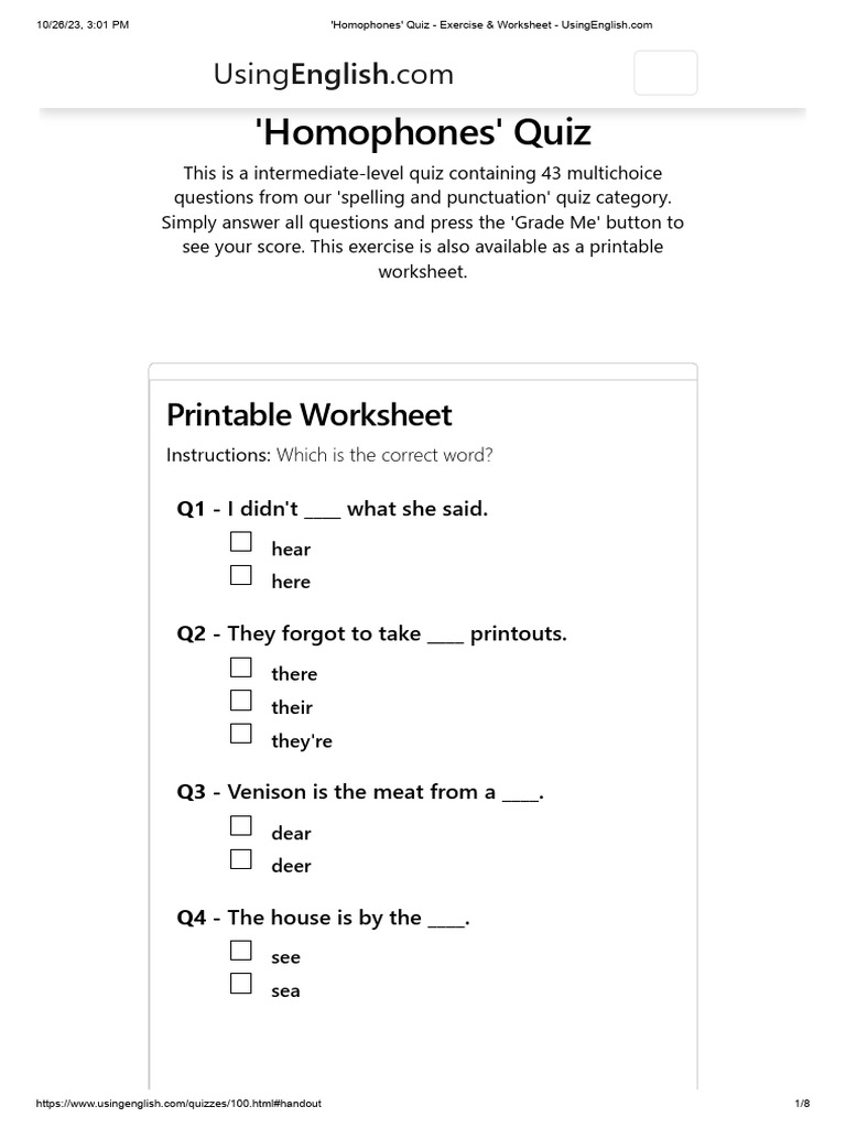 'Homophones' Quiz - Exercise & Worksheet | PDF