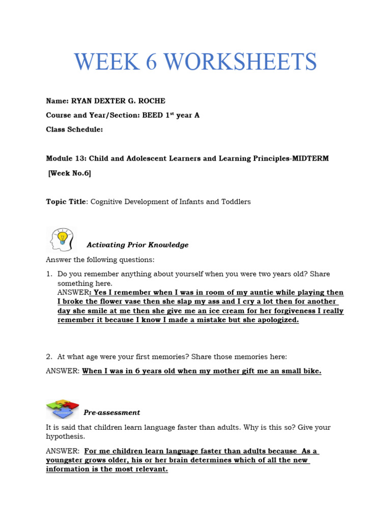 Ryan Dexter Roche - Week 6 Worksheets (Pred 2011) | PDF | Cognitive ...