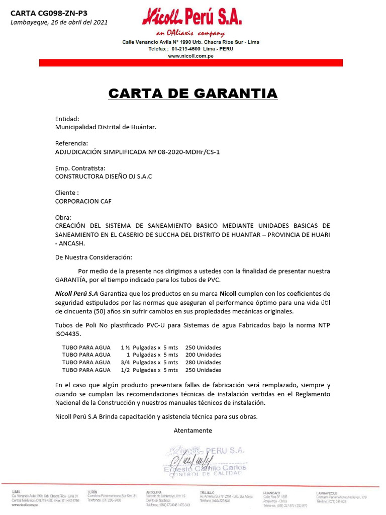 CARTA DE GARANTIA Nicoll2 | PDF