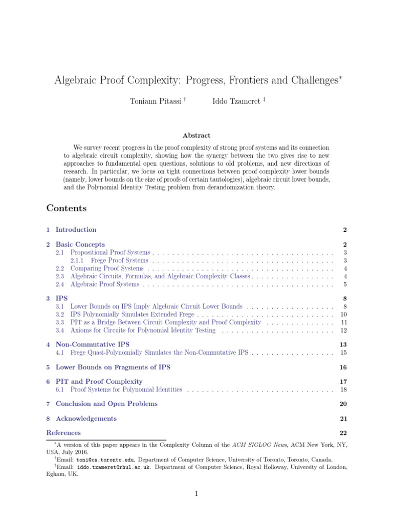Pitassi & Tzameret - Algebraic Proof Complexity - Progress, Frontiers and Challenges | PDF ...