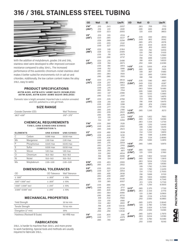 PAC - 316L Stainless Steel Tubing Datasheet | PDF | Stainless Steel | Steel