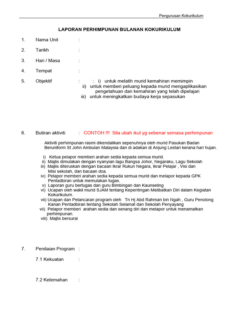 FORMAT LAPORAN PERHIMPUNAN BULANAN KOKURIKULUM | PDF