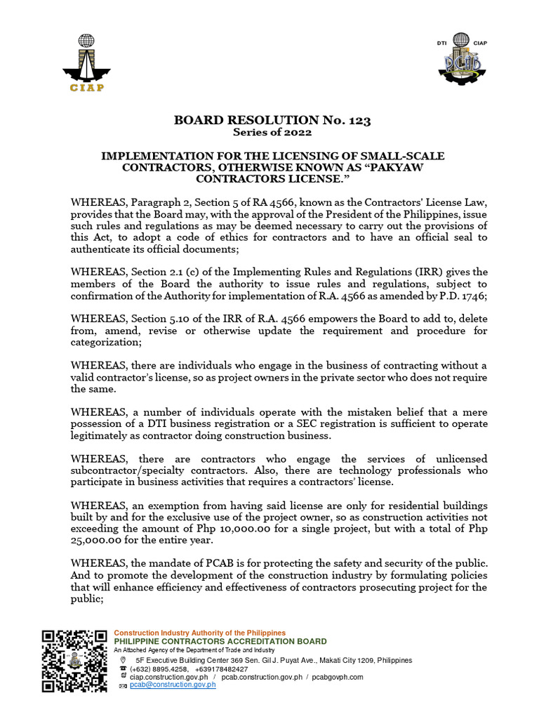 PCAB Board Resolution No. 123, S.2022 - Pakyaw Contractors License | Download Free PDF ...
