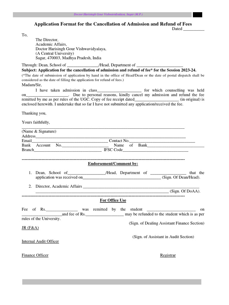 Application Format For The Cancellation of Admission and Refund of Fees 2023 24 | PDF | Business ...