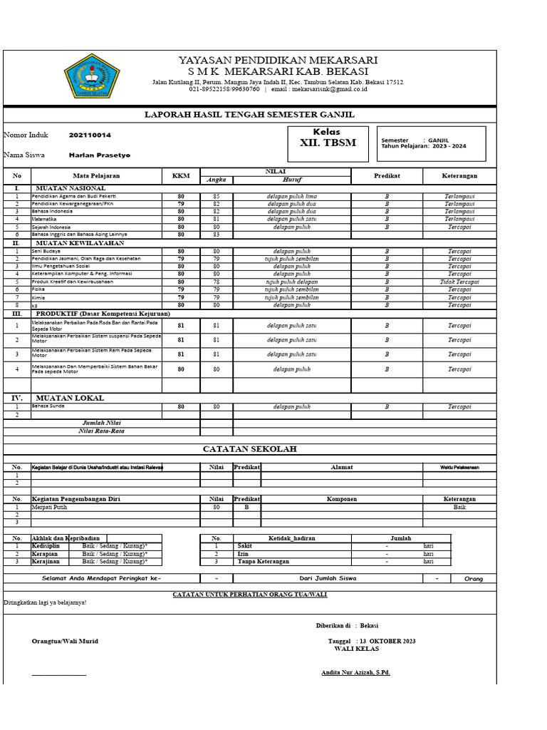 Raport Hasil PTS Semester Ganjil | PDF