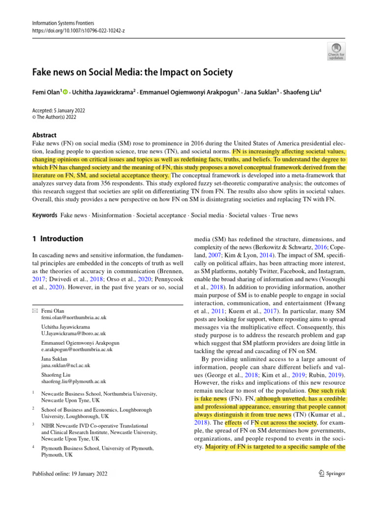 Fake News On Social Media: The Impact On Society | PDF