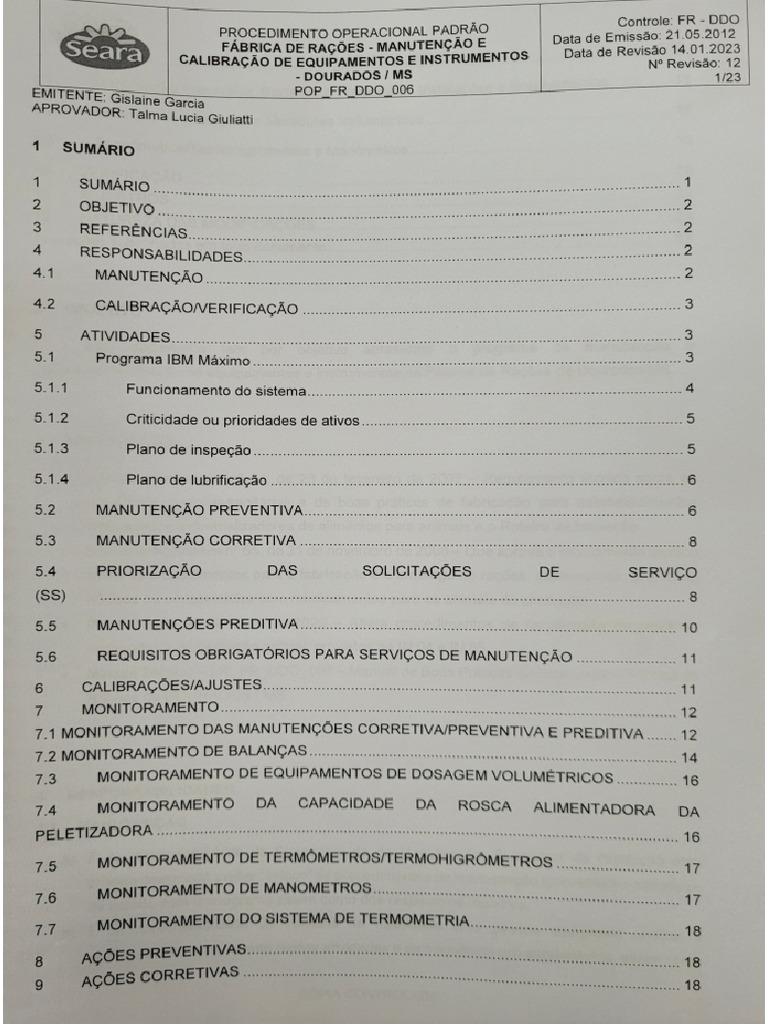 POP Manutenção (Procedimento operacional padrão) | PDF
