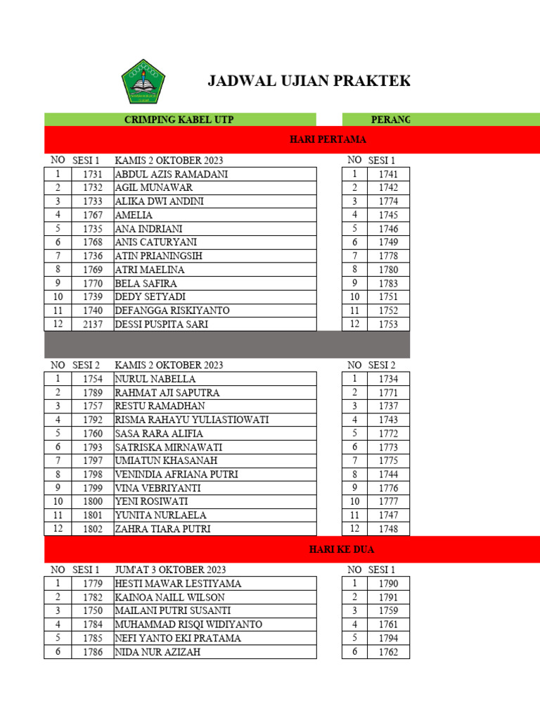 Jadwal Ujian Praktek PKL 2023 - 2024 | PDF