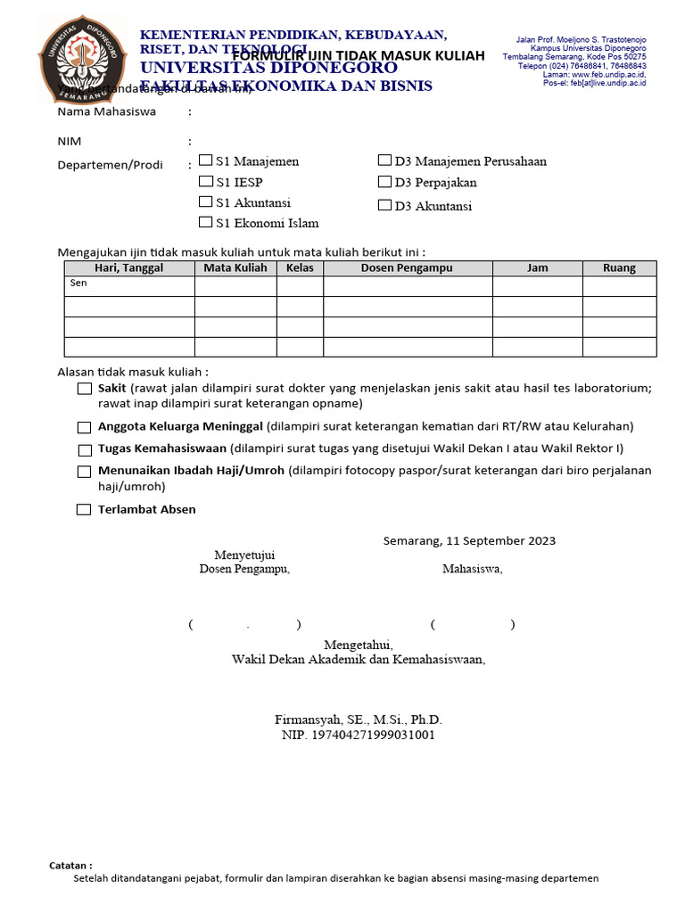 Surat Ijin Tidak Masuk Kuliah | PDF