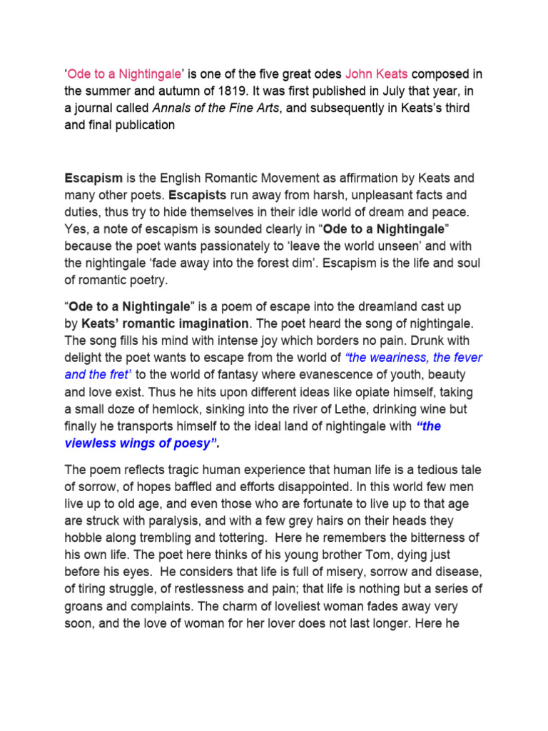 Romantic Escapism in Keats' Ode | PDF | John Keats | Poetry