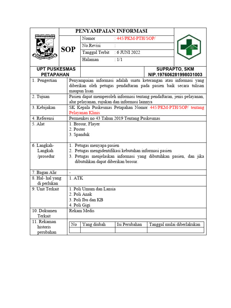SOP Penyampaian Informasi Layanan PKM | PDF