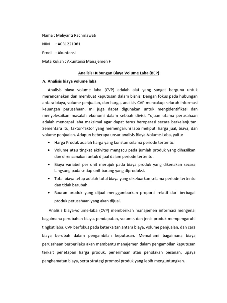 Akmen RMK 3 - Menganalisis Hubungan Biaya Volume Laba (BEP) | PDF