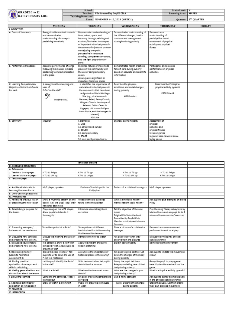 DLL - Mapeh 5 - Q2 - W1 | PDF | Behavior Modification | Cognitive Science
