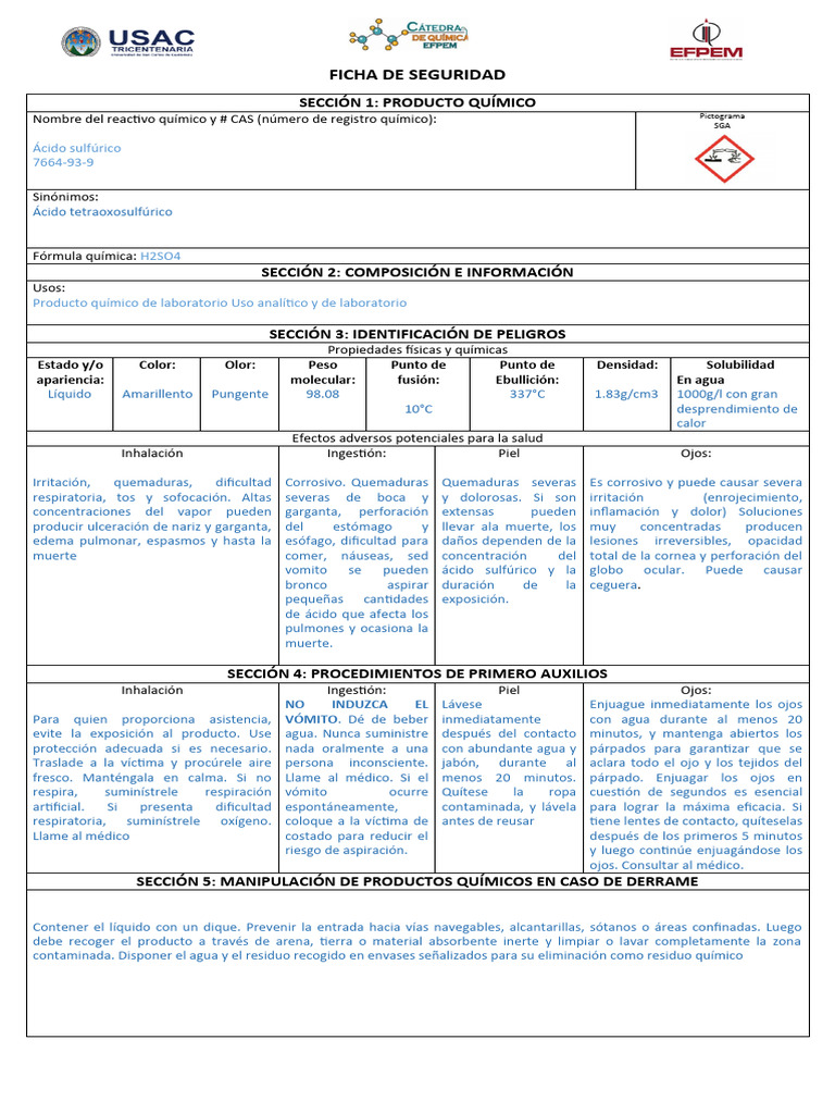 Ficha de Seguridad Acido Sulfurico | PDF | Agua | Quemar