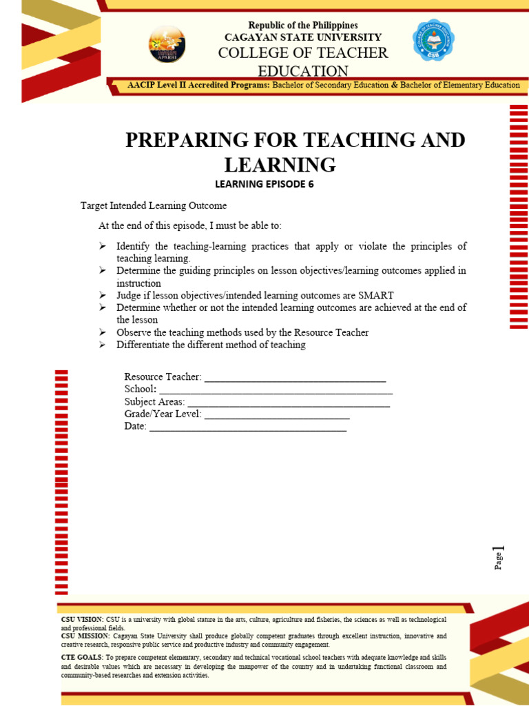 Preparing For Teaching and Learning | PDF | Teachers | Vocational Education
