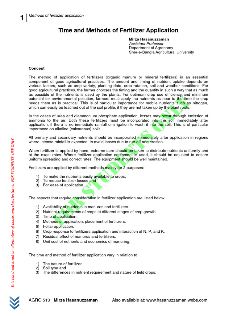 Time and Methods of Fertilizer Application | PDF | Fertilizer | Soil