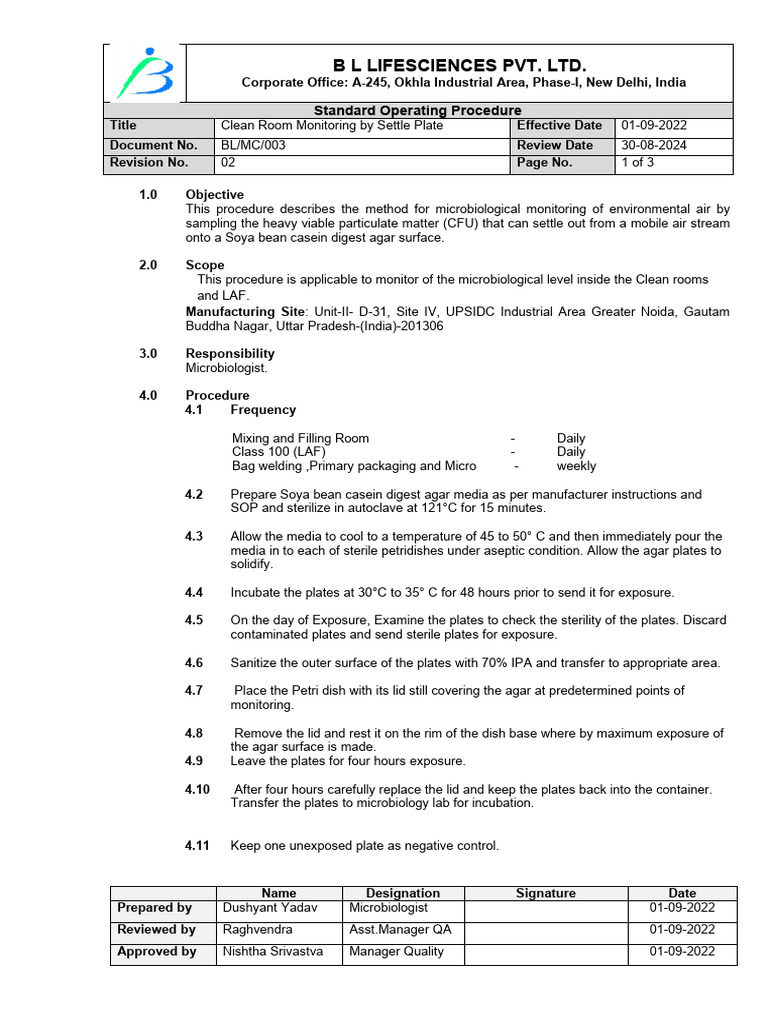 Air Monitoring by Settle Plate BL-MC-03 01.09.2021 | PDF | Agar ...